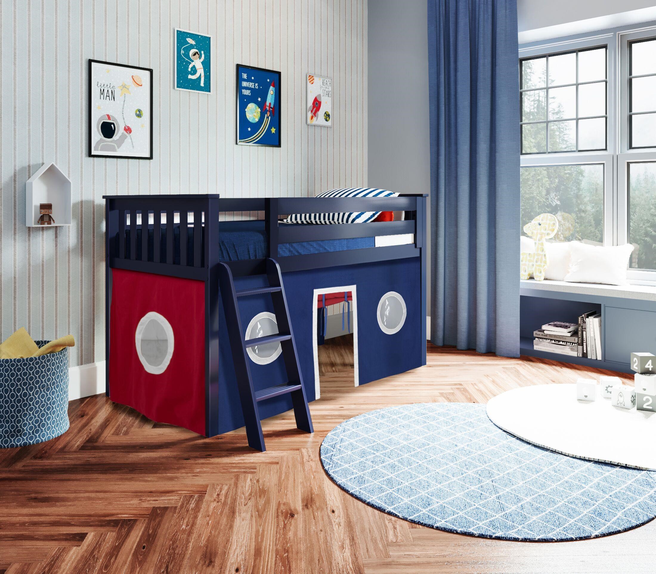 Jackpot Kids Loft Beds York2 131 York 2 Low Loft Bed in Blue w Angle Ladder w Curtain in Blue Red White Belfort Furniture Loft Beds